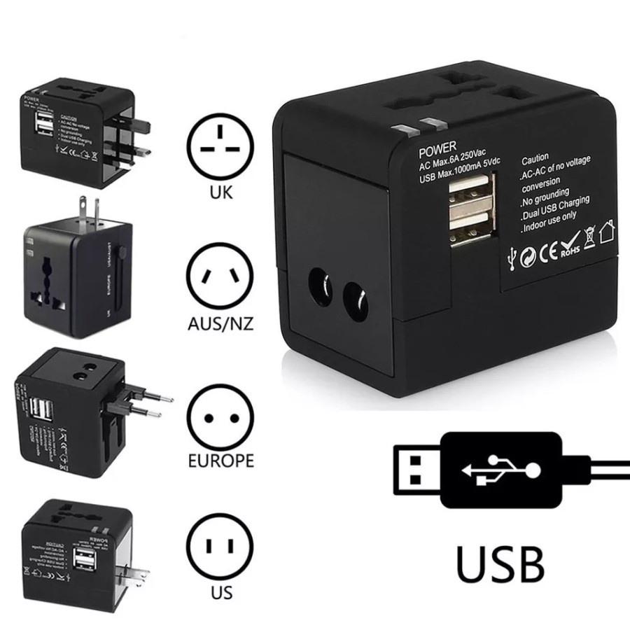Jual Universal Travel Adaptor Usb Port Internasional Uk Eu Us Nz Au ...