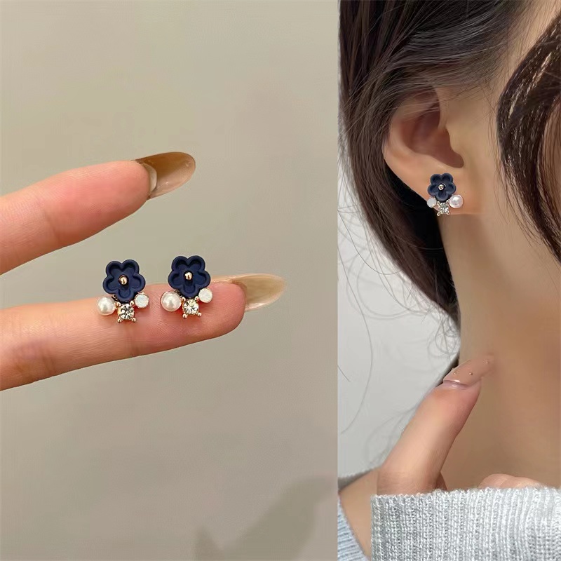 Jual Anting Rhinestone Blue Flower Gold Stud Earring | Shopee Indonesia