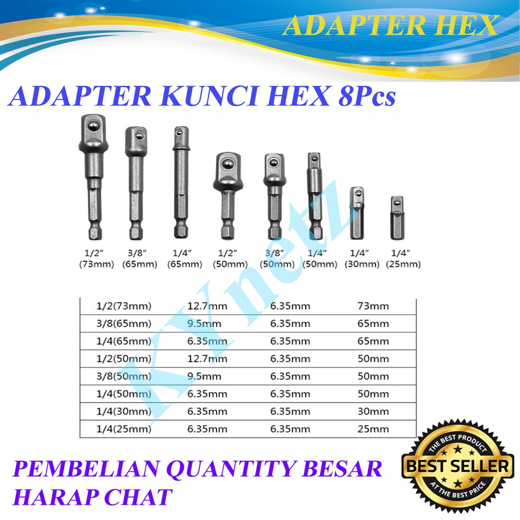 Jual Adapter Kunci Shock / Adapter Kepala Bor Hex Kunci Shock 8pcs ...