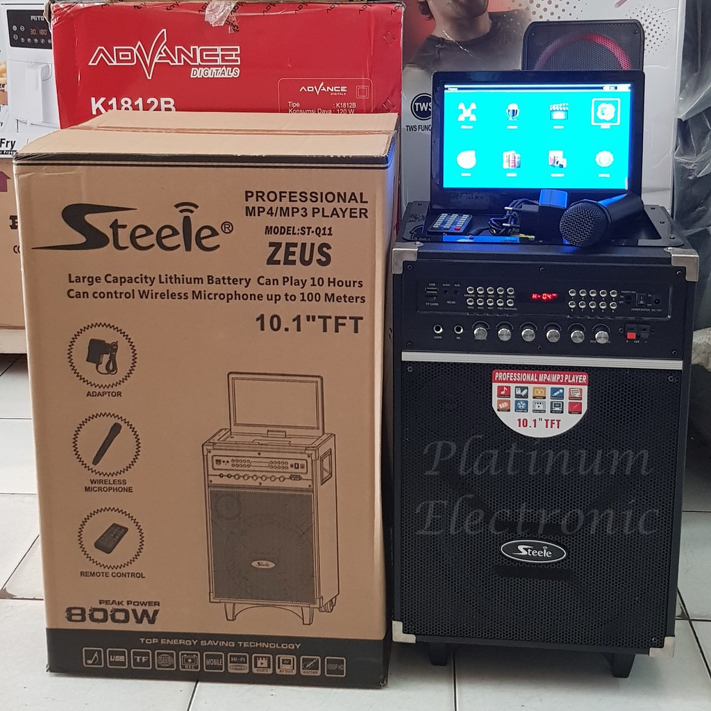 Jual Speaker Video Layar LED 10" Steele Zeus Portable + Mic Wireless Karaoke | Shopee Indonesia