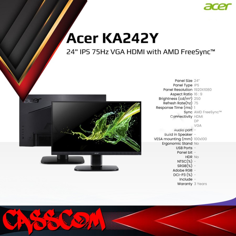 Jual Monitor Led ACER KA242Y 24" IPS 75Hz VGA HDMI FreeSync Vesa ...