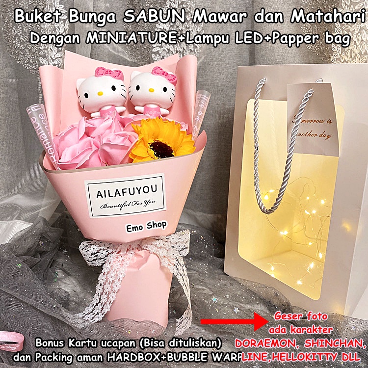 Jual BUKET BUNGA MAWAR LED LAMPU MENYALA+Miniatur Boneka Karakter ...