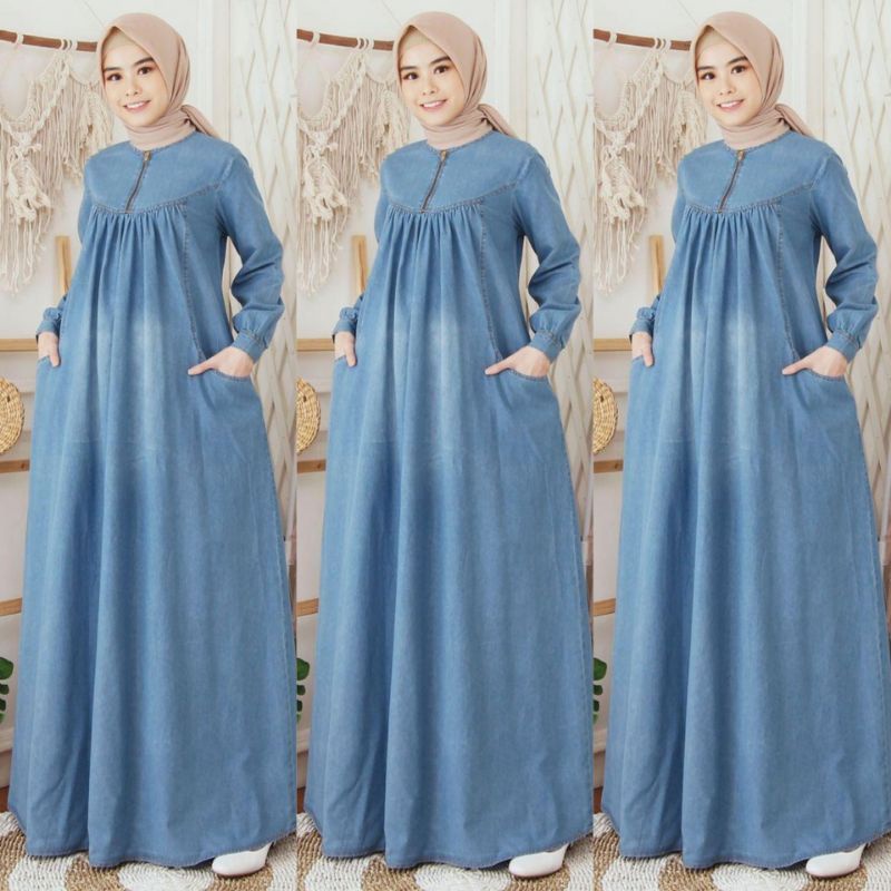 Jual Gamis Jeans Jumbo // Dress Menyusui Wanita Muslim // Ambi Dress Denim Maxi // Gamis Jumbo ...