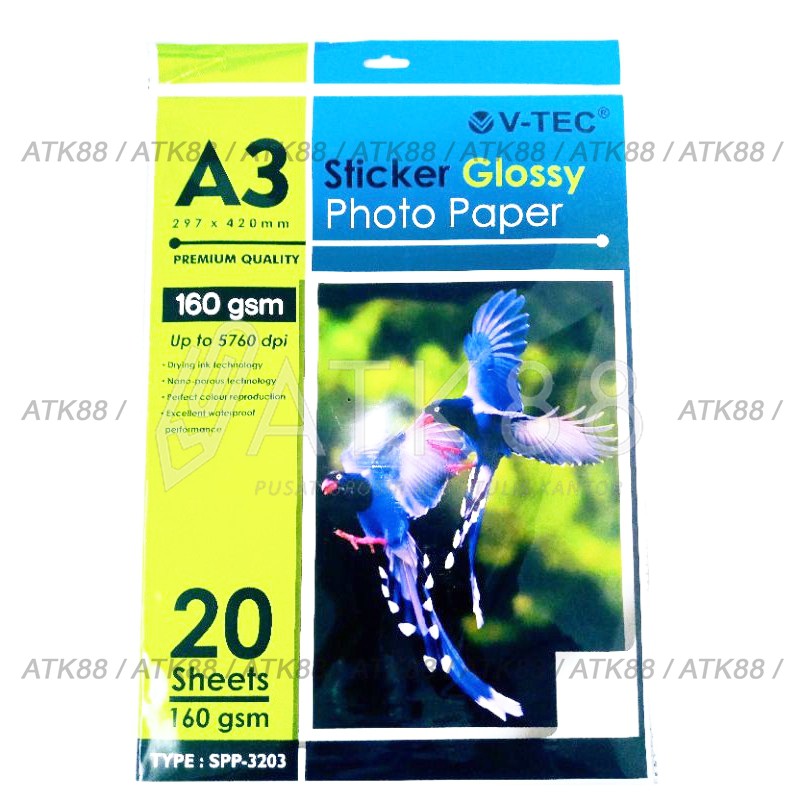 Jual V-Tec Sticker Glossy Photo Paper Waterproof A3 160gsm (20 Sheet ...