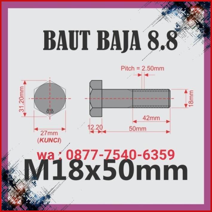 Jual baut mur baja 8.8 FT hitam M18 x 50MM kunci 27 / hex bolt nut murah | Shopee Indonesia