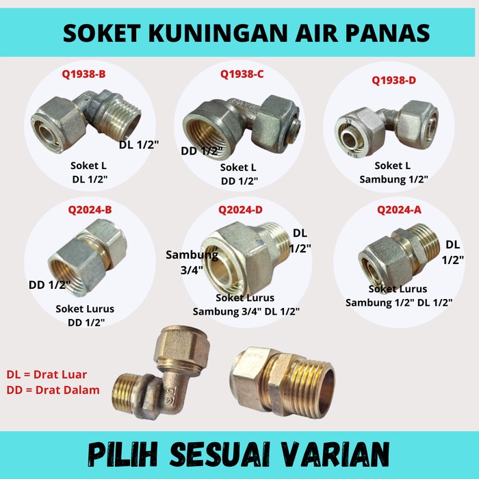 Jual Sock Sambungan Pipa Air Panas Kuningan Elbow Drat Dalam Male Female Knee Drat dalam 1/2 ...