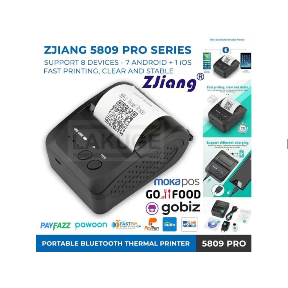 Jual MINI PRINTER PORTABLE BLUETOOTH 58MM THERMAL ZJIANG ZJ-5809 PRO (SUPPORT 8 DEVICES ...