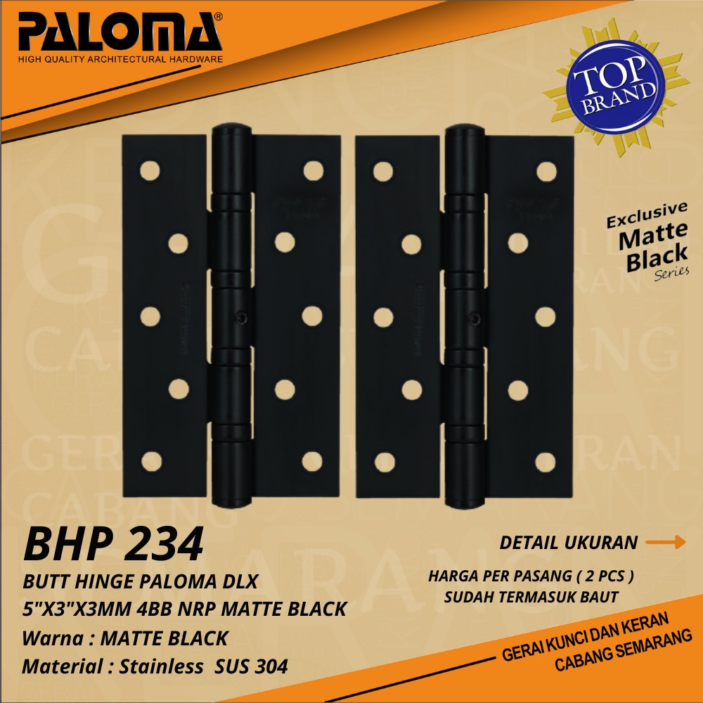 Jual PALOMA BHP 234 5"X3X3MM 4BB NRP Engsel pintu HITAM Engsel MATTE ...