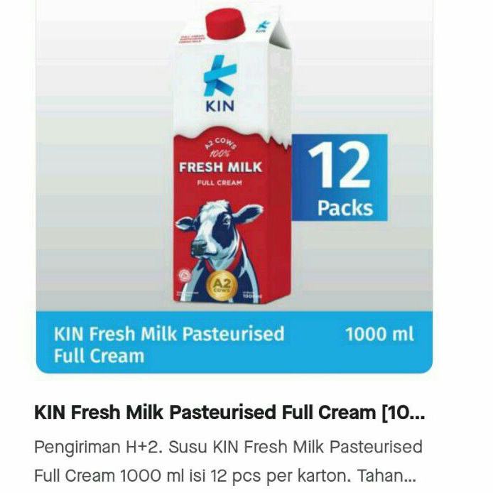 Jual KIN Fresh Milk Pasteurised Full Cream 1 Liter | Shopee Indonesia