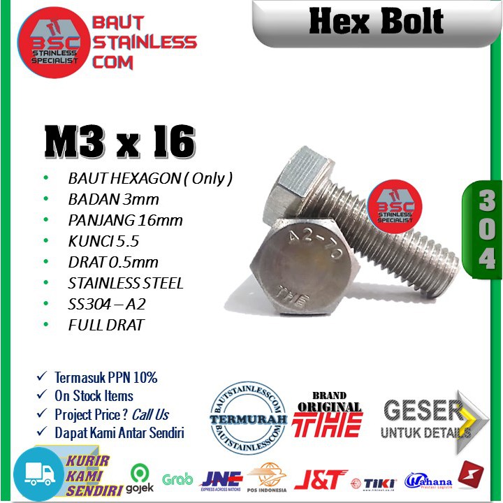 Jual HEX BOLT STAINLESS SS304 - A2 BAUT HEX M3X16 ISI 10 PCS | Shopee ...