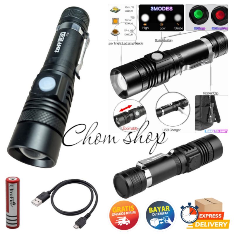 Jual Senter LED USB Rechargeable XML-T6 6200 Lumens 10W- Black/senter ...