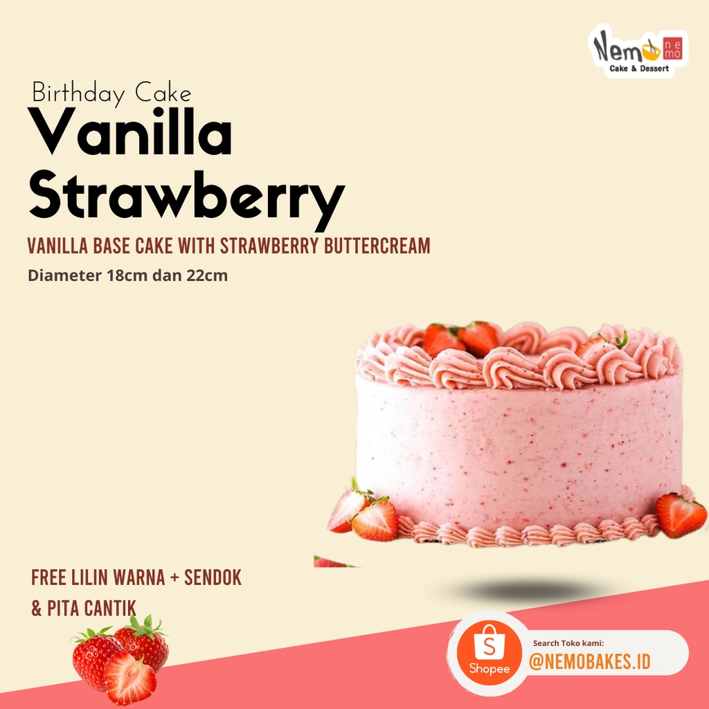 Jual VANILLA STRAWBERRY CAKE BY NEMOBAKES / KUE ULANG TAHUN STRAWBERRY ...