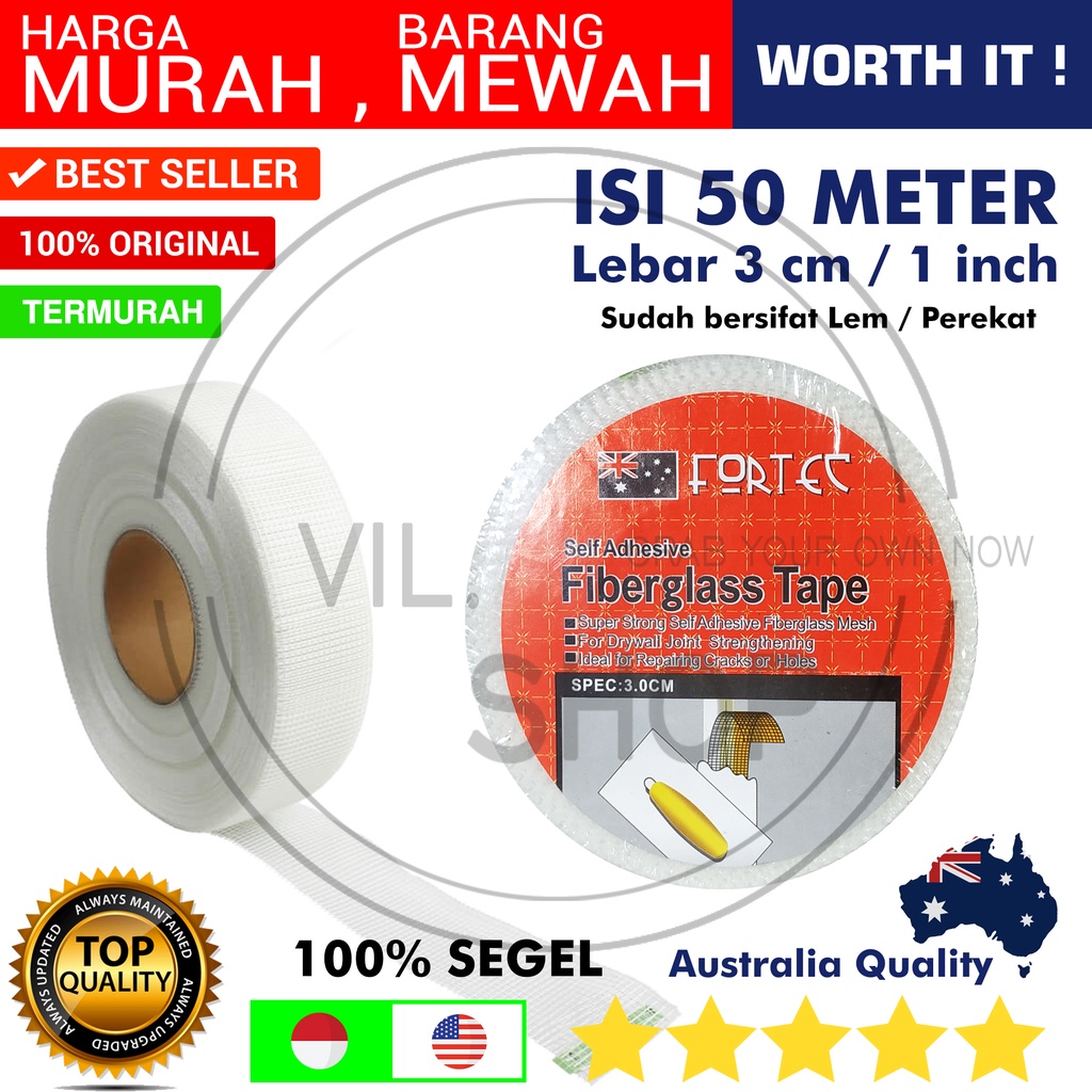 Jual LAKBAN JARING 1 INCH 50 METER LEBAR 3 CM FIBERMESH TAPE KASA ...