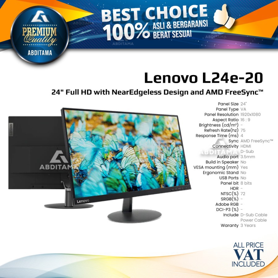 Jual Monitor LED Lenovo L24E L24E-20 24" 1080p VGA HDMI Freesync ...