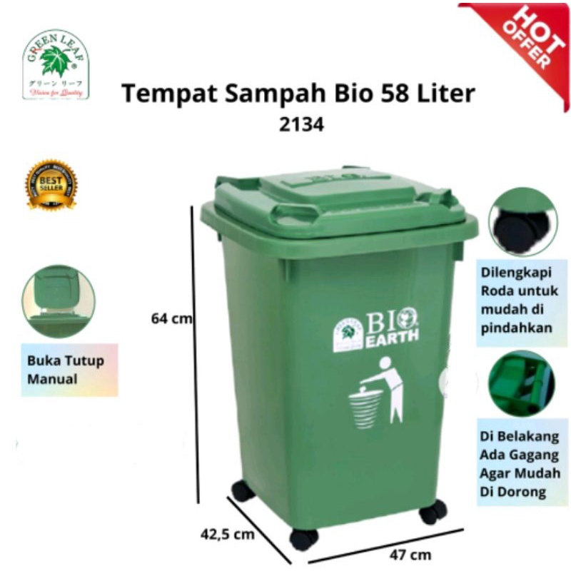 Jual Tempat Sampah Roda Bio 58Liter Gren Leaf 2134/Tong Sampah Roda 58 ...