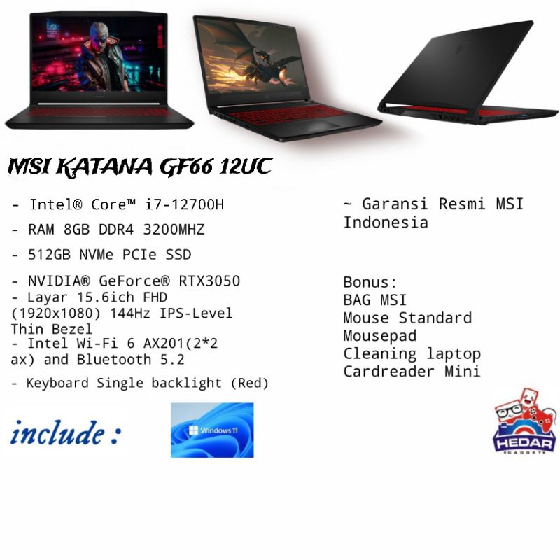 Jual MSI KATANA GF66 12UC i7 12700H 8GB 512GB RTX3050 W11 15 FHD 144Hz | Shopee Indonesia