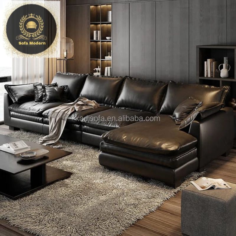 Jual Sofa Letter L Kulit Warna Hitam Minimalis Ruang Tamu Super Mewah ...