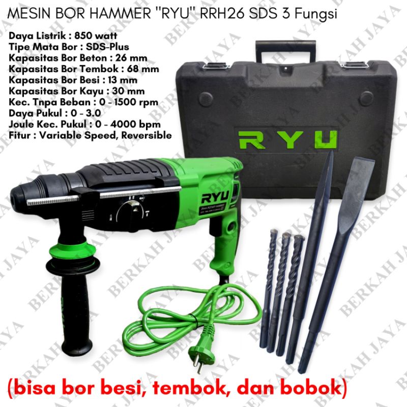 Jual Mesin Bor Hammer RYU RRH26 / Mesin Bor Beton 3 fungsi / Mesin Bor Bobok SDS plus / Rotary ...