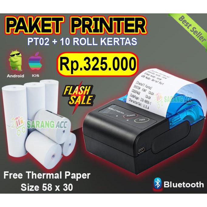 Jual Paket Printer Thermal Bluetooth PT02 + 10 Roll Kertas | Shopee Indonesia