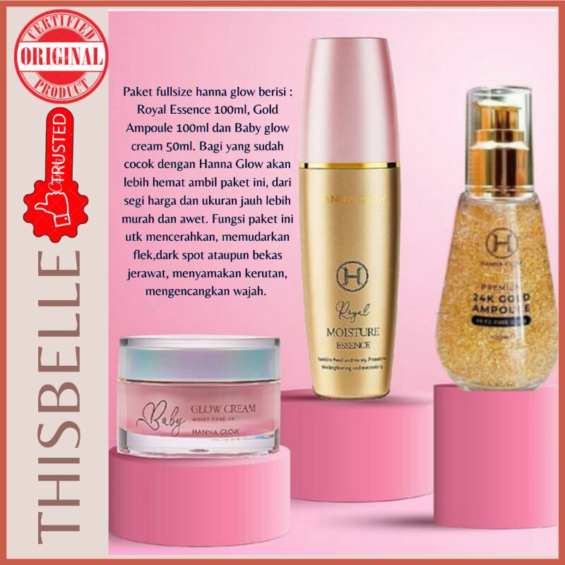 Jual HANNA GLOW SET (ISI : ROYAL MOISTURE ESSENCE, 24K GOLD AMPOULE & BABY CREAM) | Shopee Indonesia