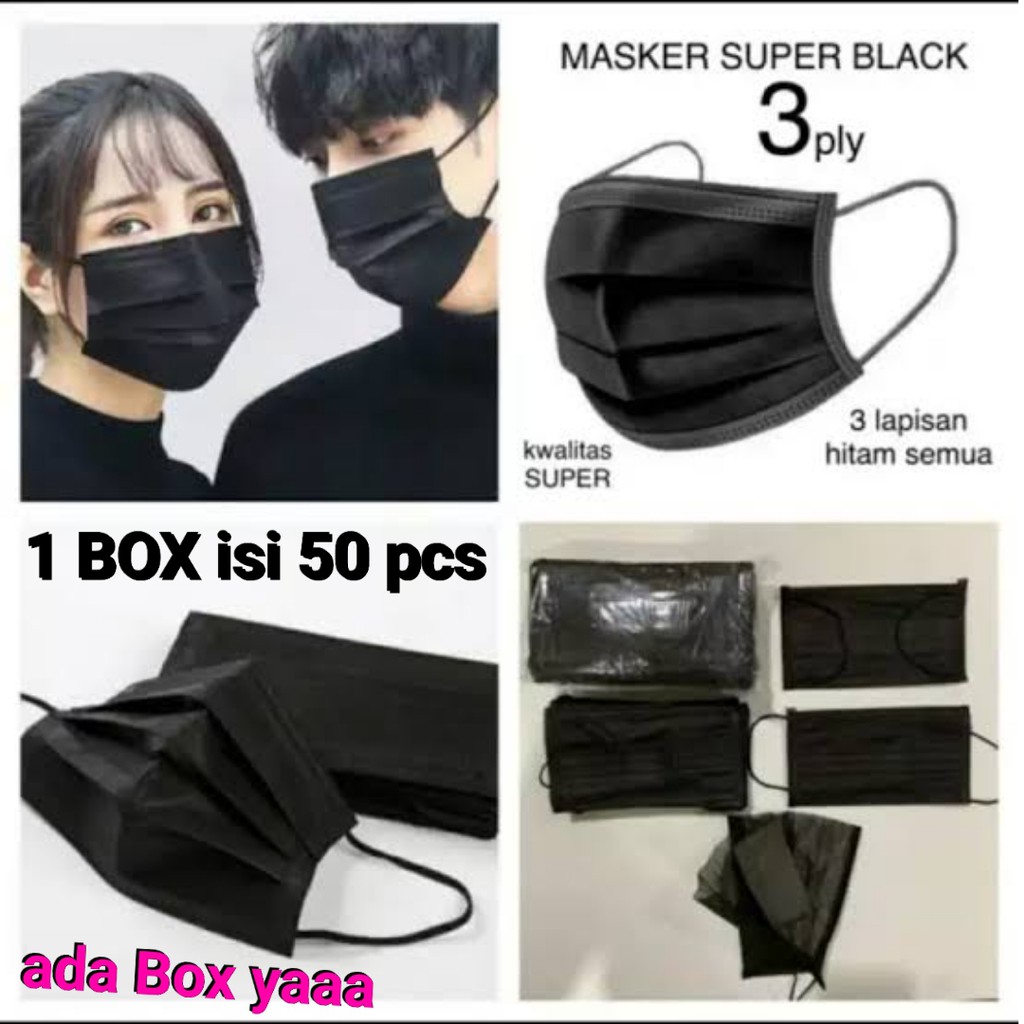 Jual Hitam - 3ply masker dewasa Anti virus disposable mask black isi ...