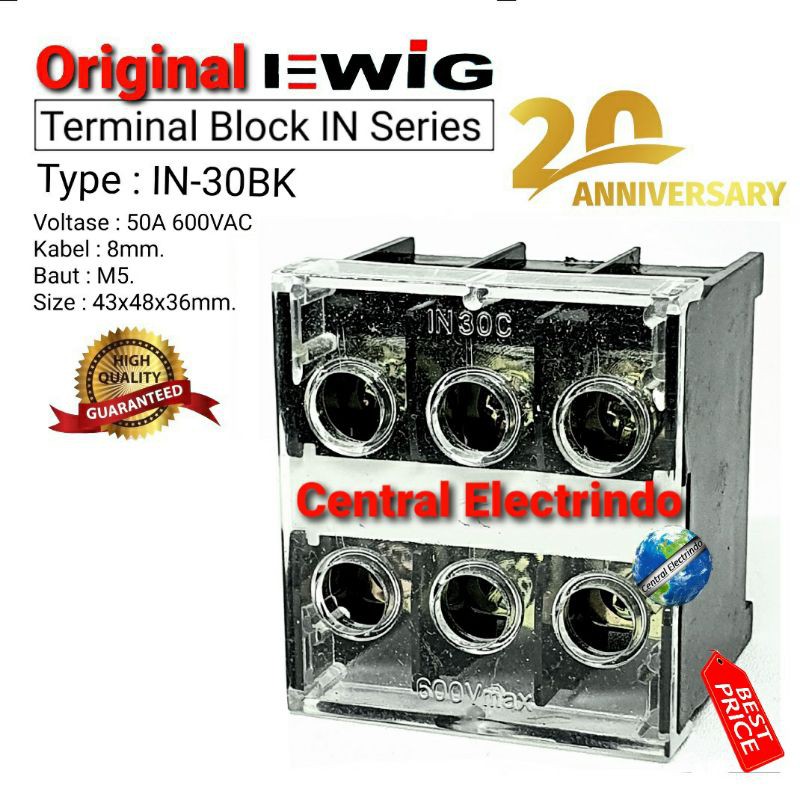 Jual Terminal Block Blok IN-30BK 3Pole 50A Din Rail EWIG. | Shopee ...