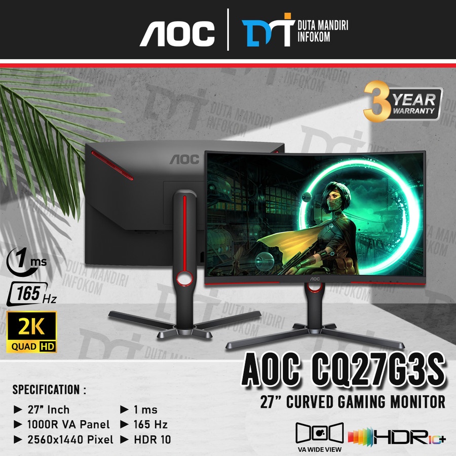 Jual AOC CQ27G3S 27 inch Curved - QHD 165Hz 1ms FreeSync HDR10 DP ...