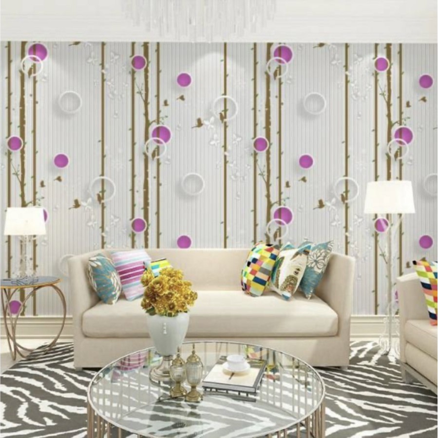 Jual Wallpaper dinding ukuran 45 cm x 10 M Motif BURUNG UNGU BULAT POLKADOT | Shopee Indonesia