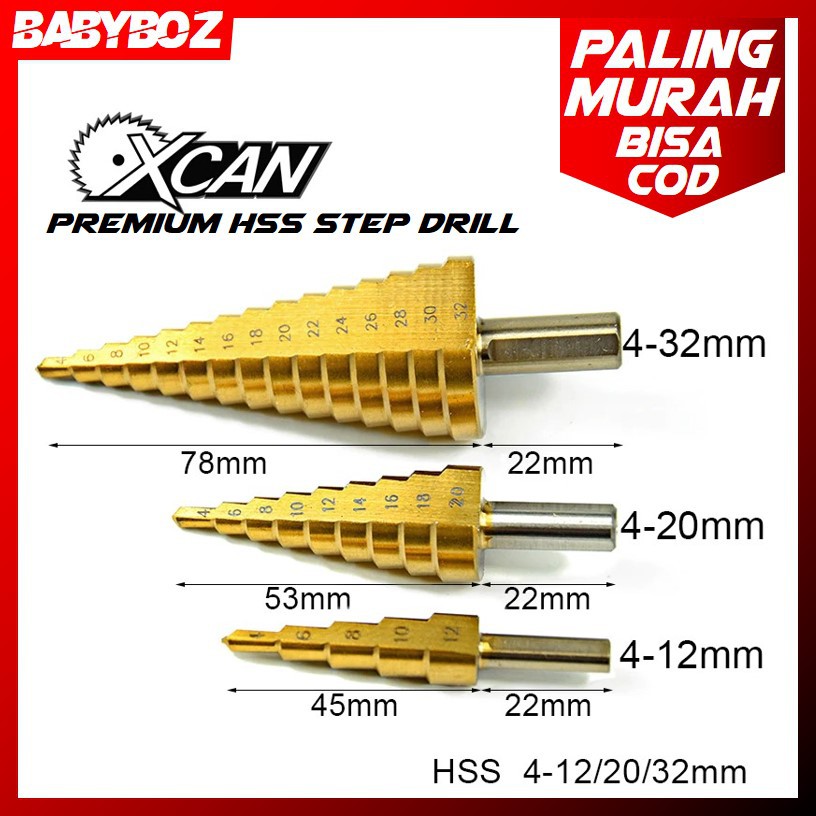 Jual BABYBOZ - TAFFWARE Mata Bor Spiral Titanium Coated 3 PCS 4-12 4-20 4-32 mm HSS Step Drill ...