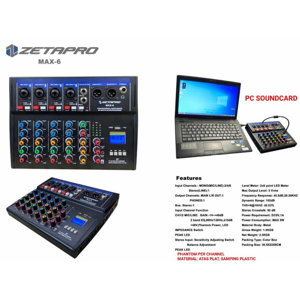 Jual Mixer 6channel PC Soundcard Recording Interface Zetapro Max 6 Max6 USB Bluetooth | Shopee ...
