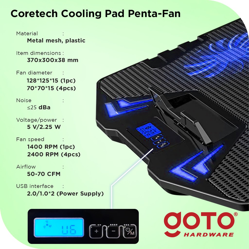 Jual Kipas Pendingin Laptop Coretech Penta-Fan Cooling Pad Kipas Fan ...