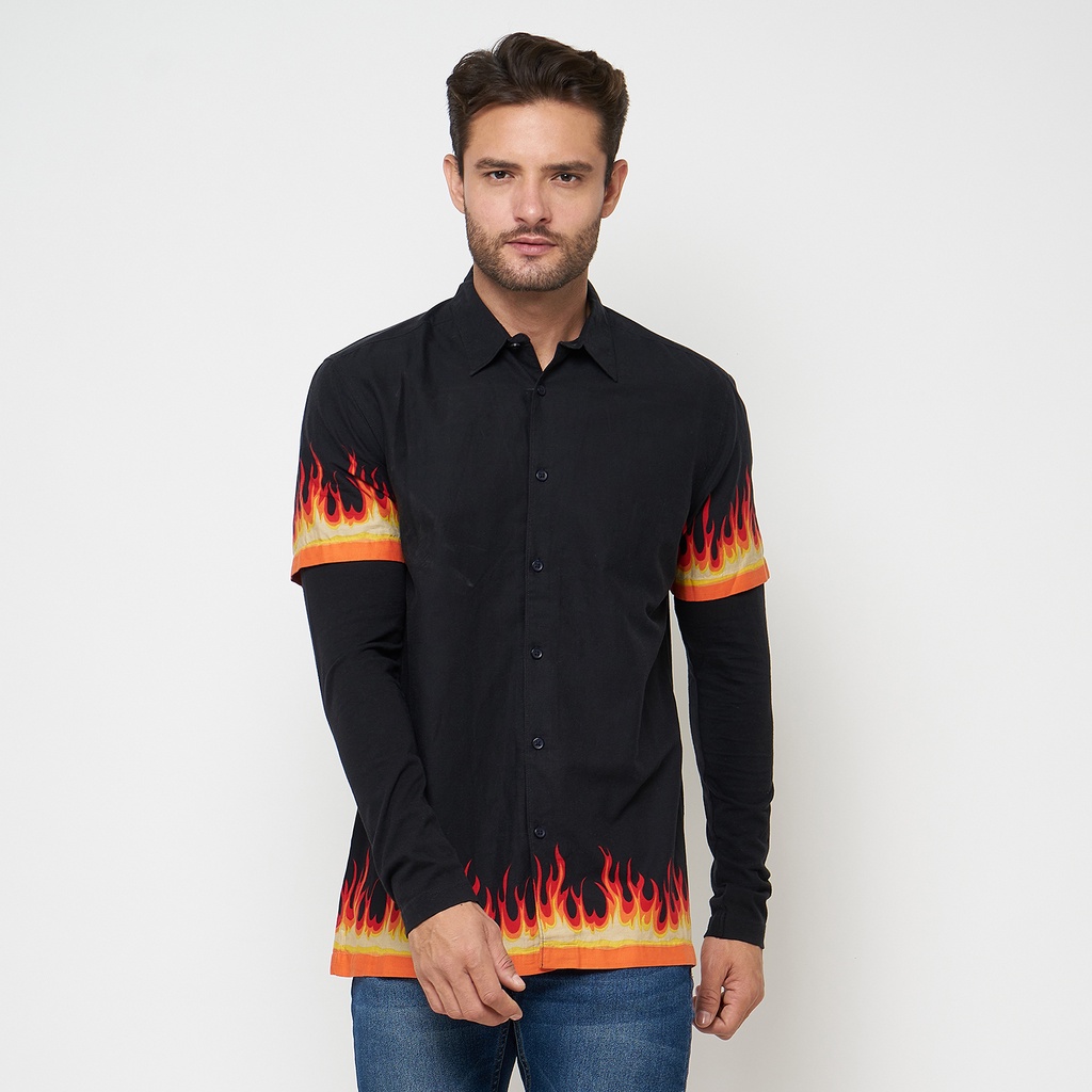 Jual FSBN Kemeja Long-Sleeved Shirt Fire Black Print Viscose Original ...