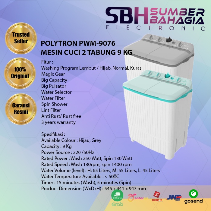 Jual POLYTRON PWM-9076 MESIN CUCI 2 TABUNG 9 KG (NEW) (KHUSUS BANDUNG ...
