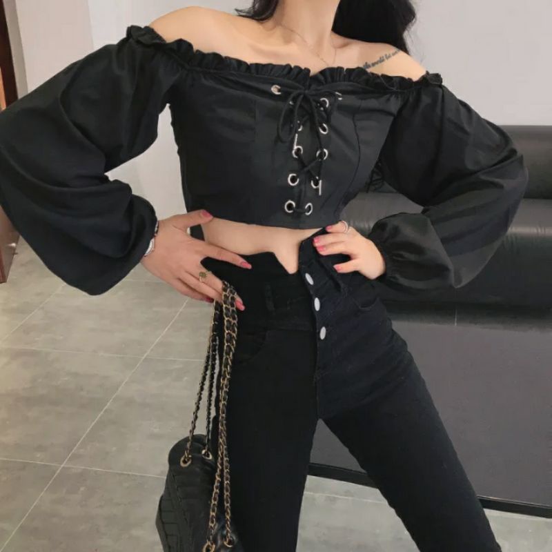 Jual CROP CORSET TOP TALI SILANG HITAM SMOCKED PUFF SLEEVE KOREA ...