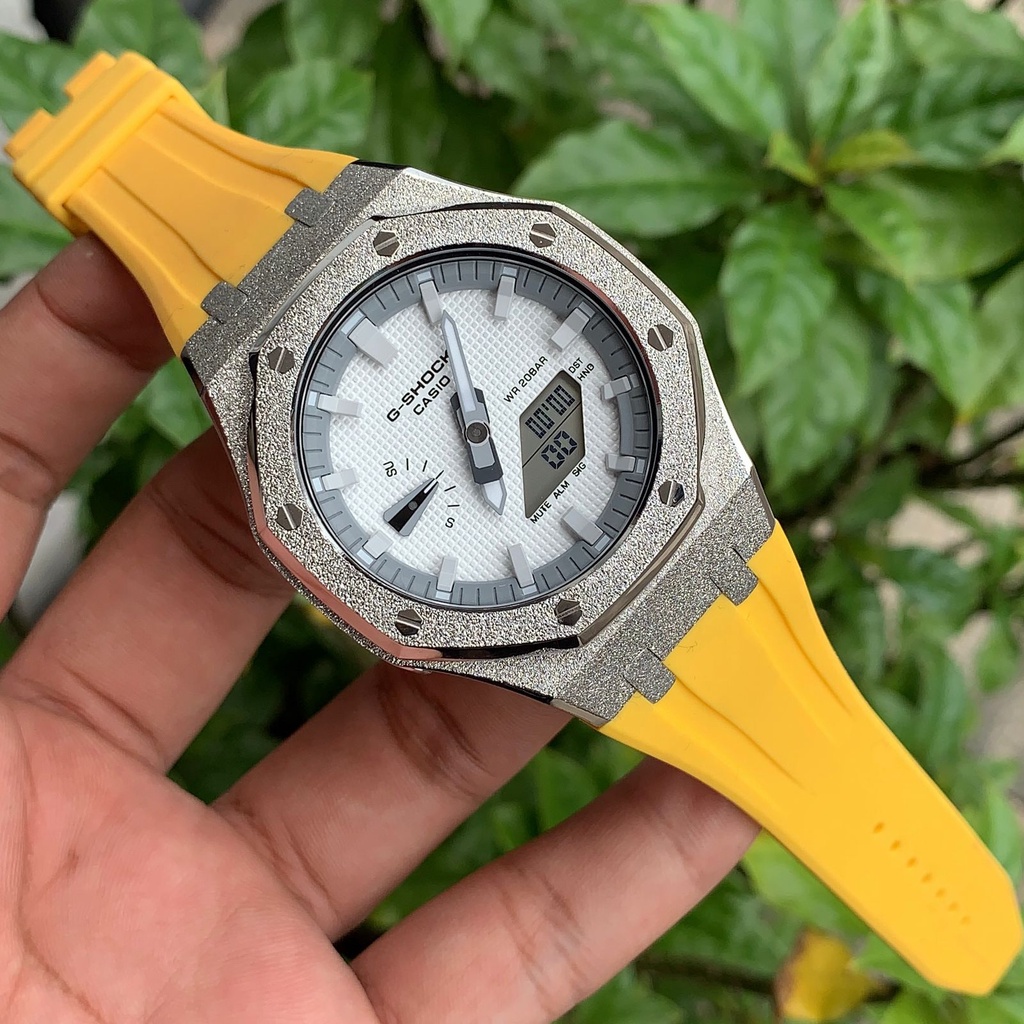 Jual Casioak Gshock GA 2100 white Face Diamond Silver Rubber Yellow ...