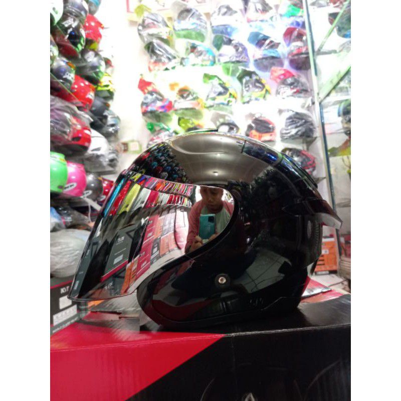 Jual KYT KYOTO R SOLID BLACK GLOSSY PAKET GANTENG VISOR IRIDIUM + SPOILER | Shopee Indonesia