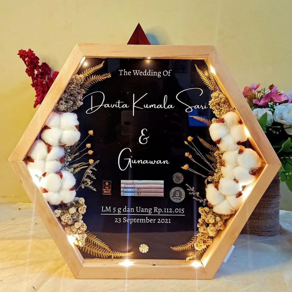 Jual Bingkai Mahar Pernikahan Rustic Bunga Kering Double Flower / Frame 3D Pop Up / Mahar ...