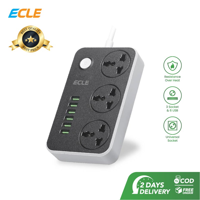 Jual ECLE Stop Kontak Smart Power Strip Plug 3 Power Socket 6 USB Port ...
