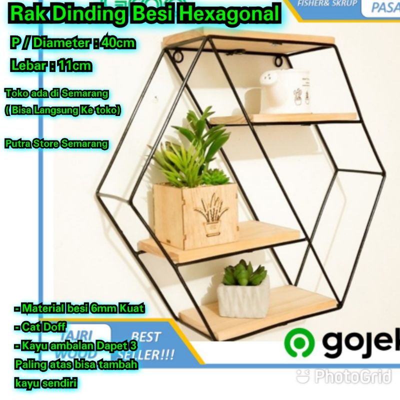 Jual Rak dinding besi Hexagonal Vintage ambalan kayu 3 Rak Bunga Segi ...