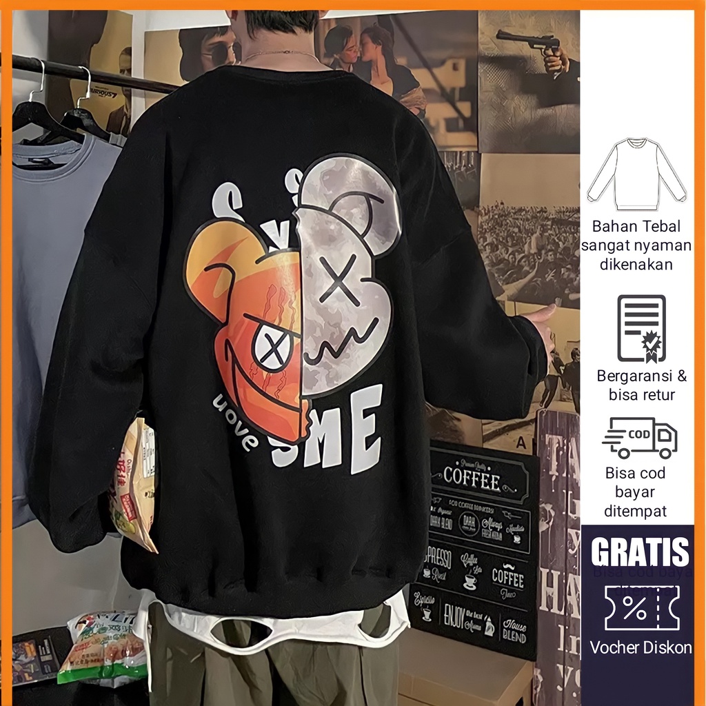 Jual Sweeter Crewneck Hitam Pria Oversize Korean Style Bahan Fleece ...