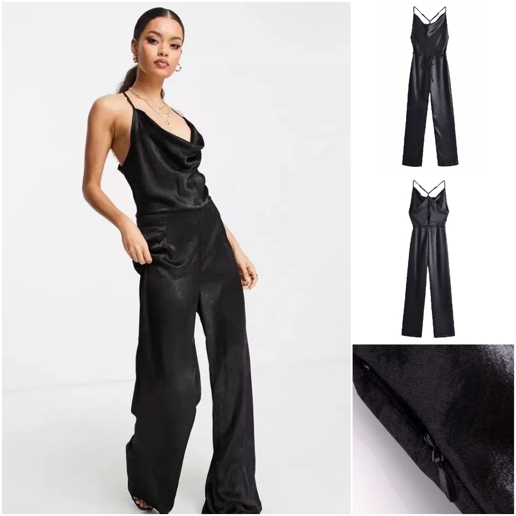 Jual JUMPSUIT HITAM POLOS SILKY MODEL LOOSE ONE PIECE GAYA ELEGAN ...