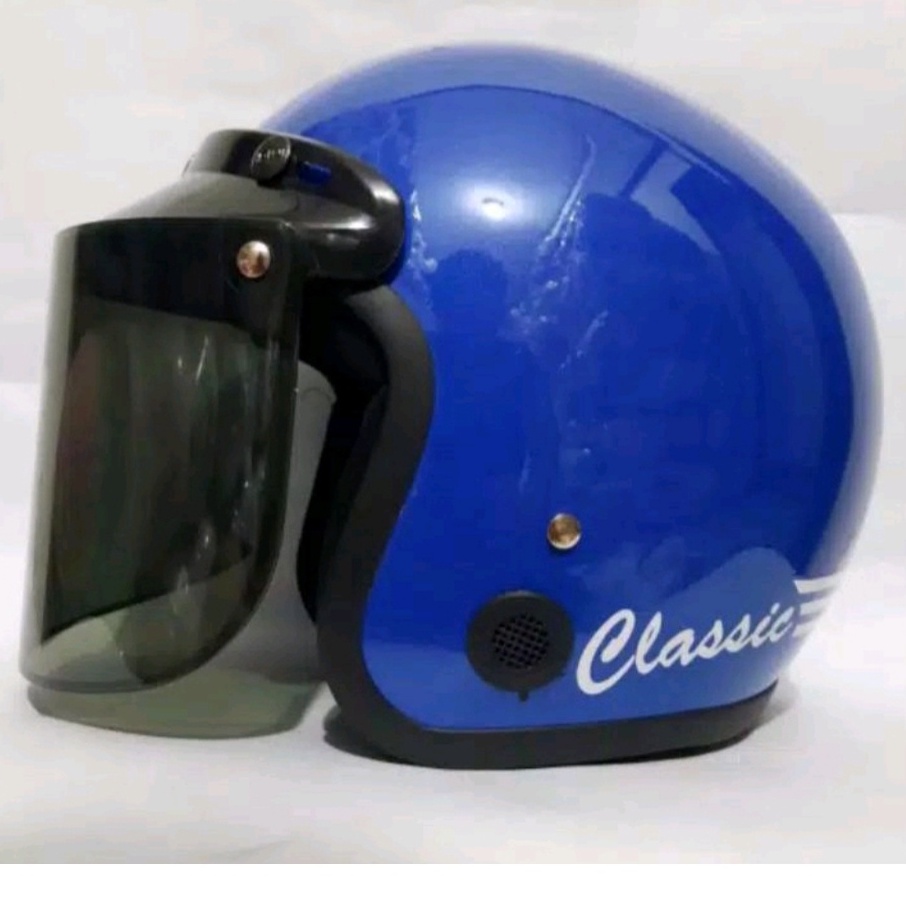 Jual HELM BOGO GARIS CLASSIC DEWASA BIRU TUA KACA DATAR INJAK FREE ...