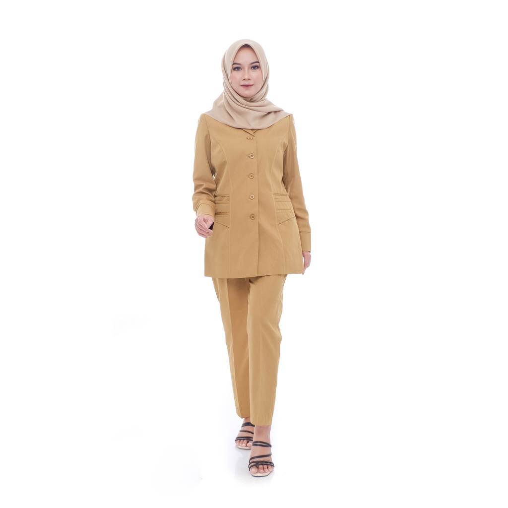 Jual Stelan Seragam PNS Wanita Seragam Pemda Baju Dinas Guru ASN Warna Khaki Muda | Shopee Indonesia