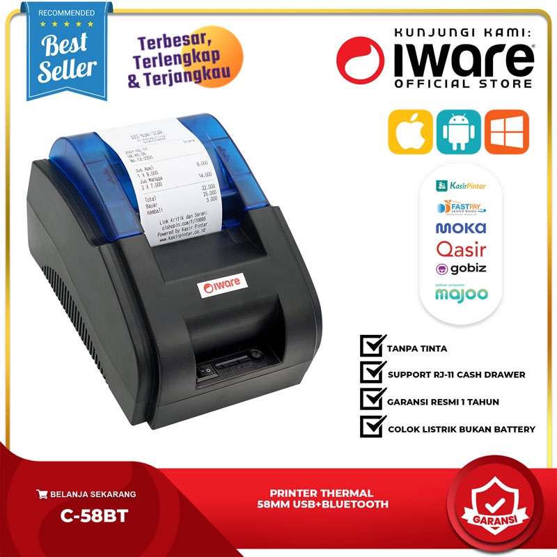 Jual Iware Printer Kasir Bluetooth Thermal Iware C58Bt Ppob 58Mm Mokapos Rpp02N | Shopee Indonesia