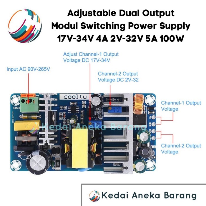 Jual Adjustable Dual Double Dobel Output Ganda Module Modul Switching Power Supply SMPS PSU 2V ...