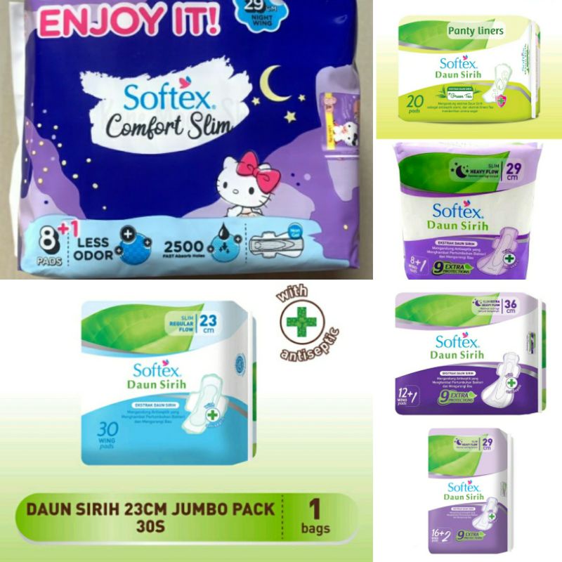 Jual SOFTEX PEMBALUT WANITA COMFORT SLIM, DAUN SIRIH, PANTYLINERS ...