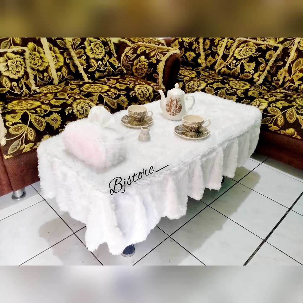 Jual COD Taplak Meja Rumbai / Taplak Meja Rempel Bulu Rasfur PUTIH ...