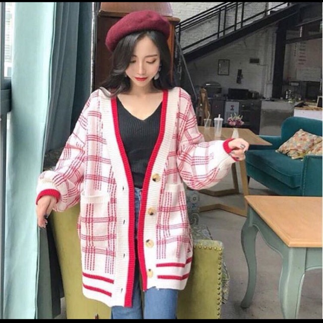 Jual Red white plaid tartan cardigan oversize Parisian style Paris ...