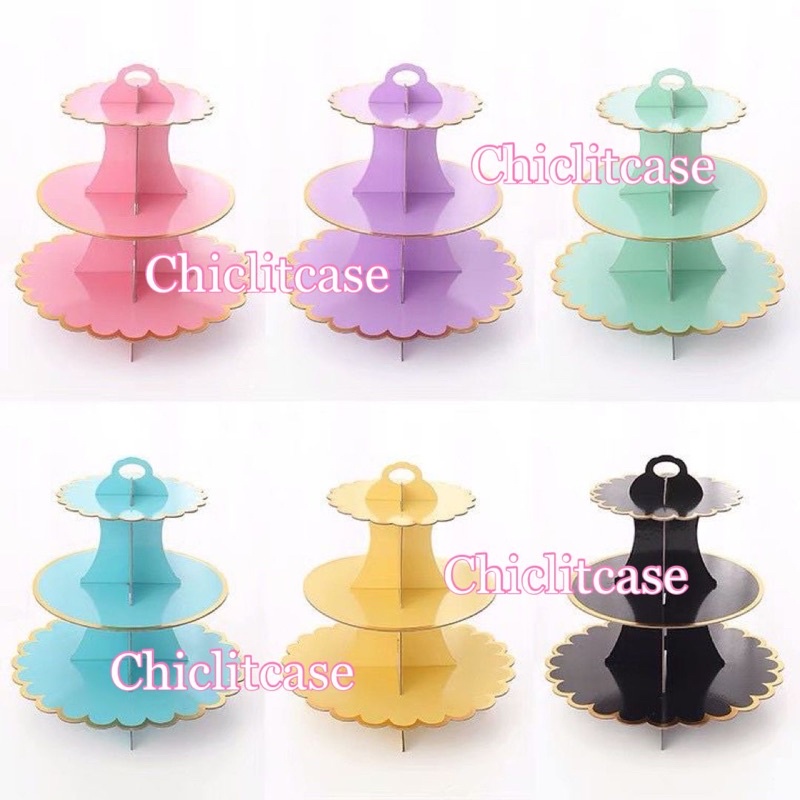 Jual cake stand biru kuning hitam pink hijau ungu biru polos list gold / 3 tier cupcake standing ...