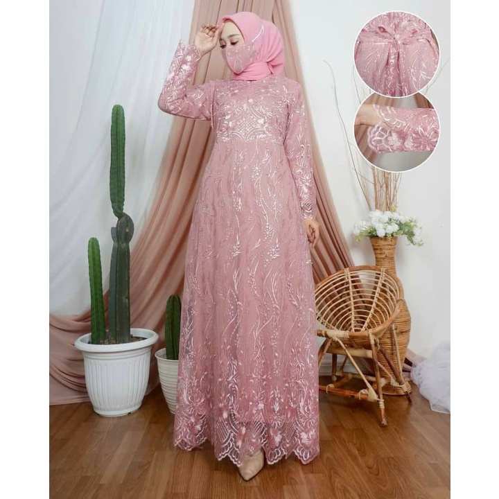 Jual (MODEL BARU) GAMIS MIRA TILE BRUKAT MUTIARA / GAMIS PESTA FASHION TERBARU / GAMIS MAXI TILE ...